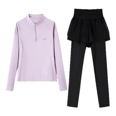 骆驼运动套装春秋新款女速干透气休闲立领上衣瑜伽健身假两件长裤