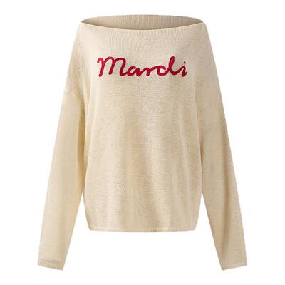 MARDI慵懒风一字领刺绣针织衫女