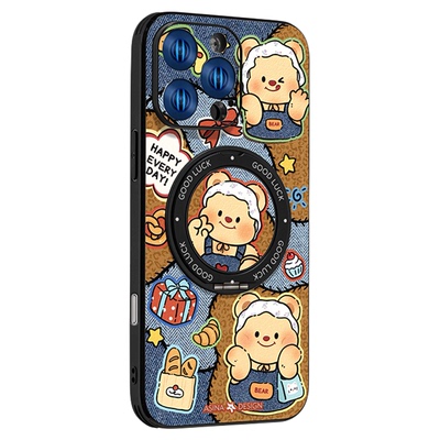 牛仔黄油小熊适用苹果17Promax手机壳新款ip15磁吸带支架iPhone16Pro保护套支点14高级Ho3可爱创意13pm全包