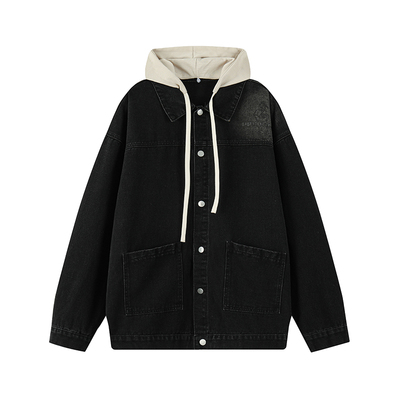 胖胖哥春季可拆卸连帽夹克牛仔服设计感男生美式复古大码休闲外套