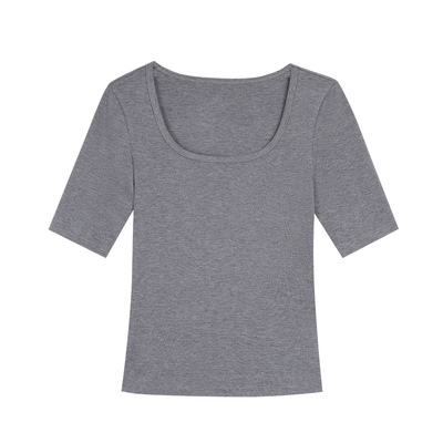 NEVA HU 薄雾光影 杏色U领五分袖t恤女修身显瘦气质短款中袖上衣