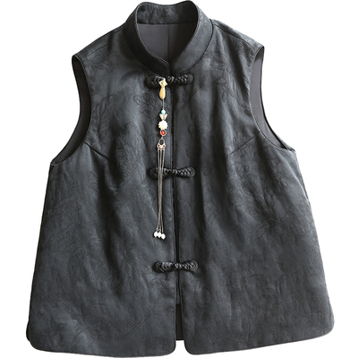 云澍香云纱中式黑色宽松棉衣背心