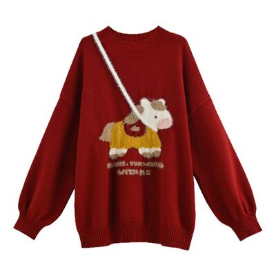森女部落甜美可爱小马刺绣软糯毛衣女新款设计感圣诞新年穿搭冬季