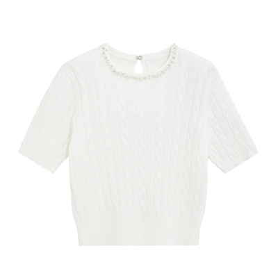 bebe2026春季新款女士气质千金风圆领短袖含羊毛针织上衣130401