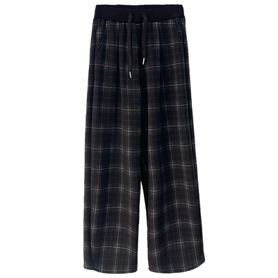 加厚加绒格子休闲阔腿裤女冬季