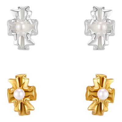 十字褶哑金哑银珍珠耳钉