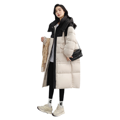 鸭鸭拼色长款连帽羽绒服外套
