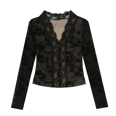 性感V领植绒印花网纱打底衫女