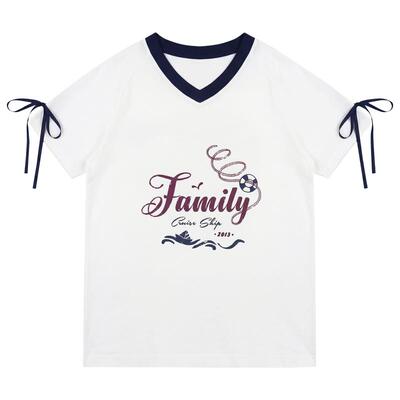 紫涵撞色V领短袖T恤女2026年夏季新款航海风字母印花绑带宽松上衣