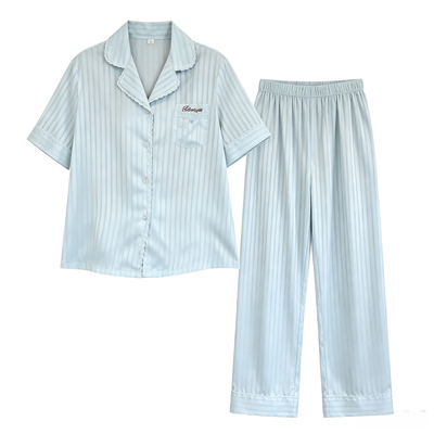 半眠Pyjamas防醋酸小姿情侣短袖睡衣冰丝纯欲长裤轻奢男女家居服