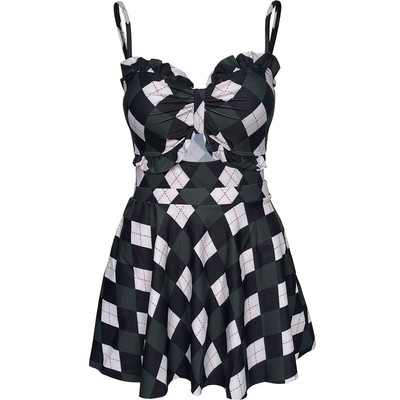 格纹女连体两件套泳衣包邮裙式