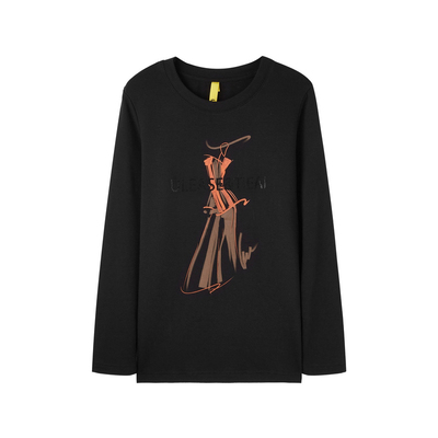 U/TI黑色印花棉感圆领长袖T恤女装 百搭内搭休闲尤缇时尚冬季新款