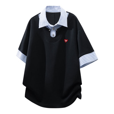 PLAYHEITY男女条纹假两件T恤