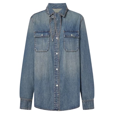 春季百搭镶钻飘带牛仔衬衫