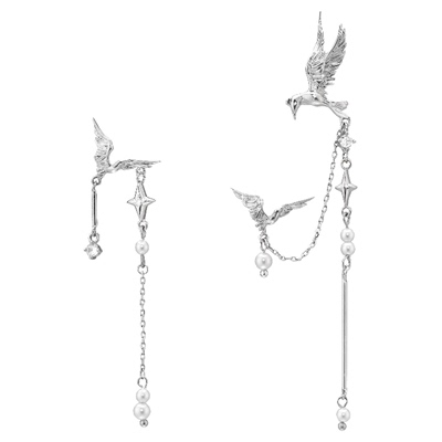 清冷飞鸟集 原创设计小众耳环不对称珍珠一体式耳夹高级感耳饰