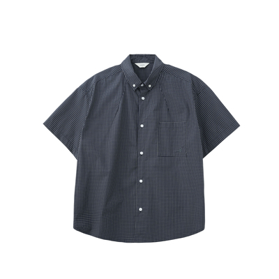 细格纹小尖领短袖宽松衬衫