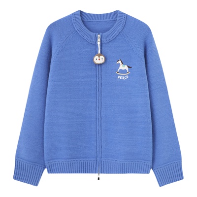 Basic House/百家好小马刺绣撞色开衫毛衣女冬季圆领休闲提花上衣