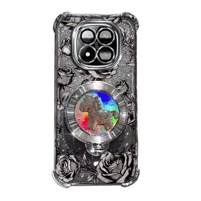 POCOX7玫瑰印花旋转陀螺支架手机壳pocox7新年款国风国潮全包防摔镜头全包按键精准闪粉渐变多巴胺色系