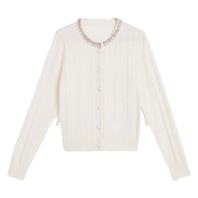 【中国红】YINER音儿专选2025春新款美丽诺羊毛香风钉珠针织开衫