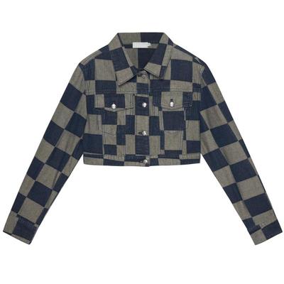 REVAN芮范设计师款复古棋盘格牛仔短外套RN70109211