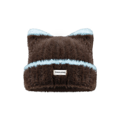 可爱猫耳朵毛绒针织毛线帽子