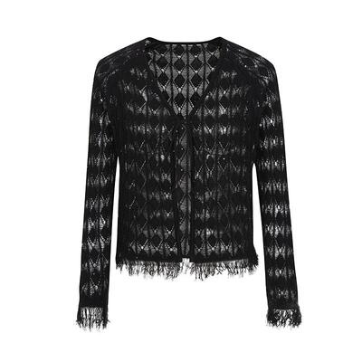 Three Quarters 女士黑色镂空长袖针织开衫银泰301355