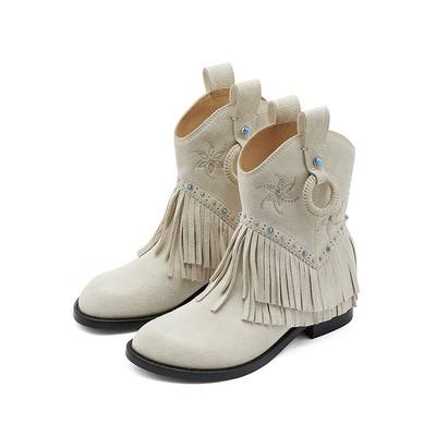 任敏同款|SUGARSU酥履 秋新款复古游牧风西部流苏高跟短筒靴女