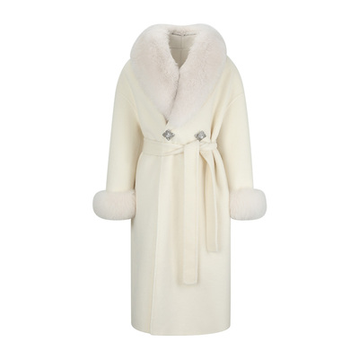 米白色翻领钻扣羊毛大衣外套