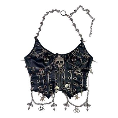 欧美朋克骷髅挂脖PU皮背心