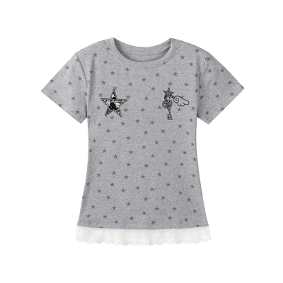 星星拼接短袖少女甜美风蕾丝t恤