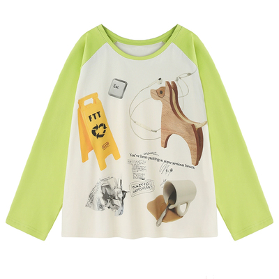 宽松印花大领口插肩长袖T恤女