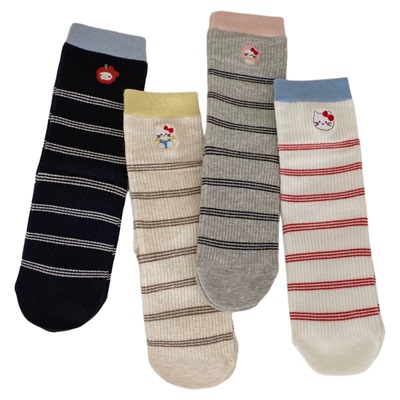 秋可爱条纹撞色卡通刺绣中筒袜女