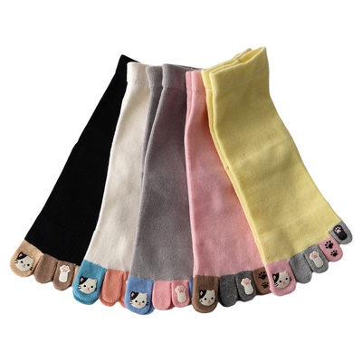 内田卡通可爱中筒袜女五指分趾袜纯棉宽口脚趾袜女冬季款高腰袜子