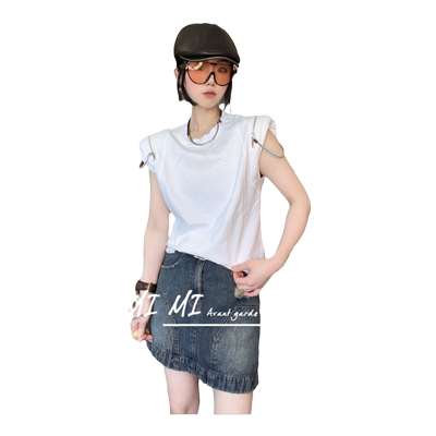 RR fshion 2024夏季新款欧货T恤女潮流设计感小众纯色拉链上衣