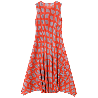 褶皱无袖连衣裙格子条纹套装裙