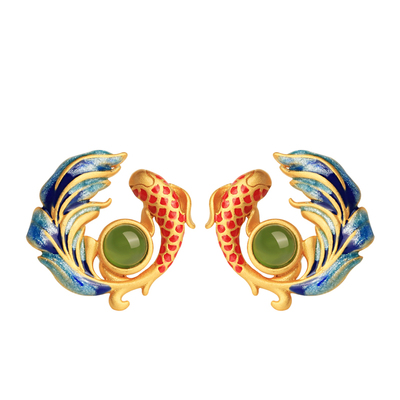 上岸锦鲤天然碧玉纯银耳钉