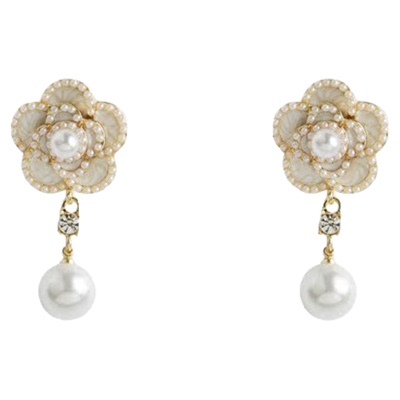 红口袋 S925银针法式复古小香风山茶花珍珠耳环耳坠温柔优雅耳饰