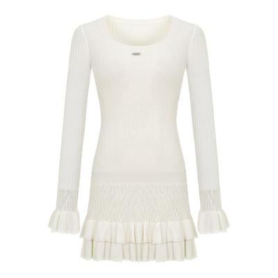 Three Quarters 25秋季新款羊毛荷叶边钩花针织连衣裙女修身短裙