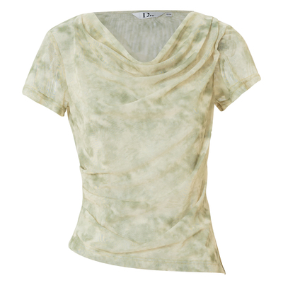 迪图春夏网纱拼接荡领假两件T恤