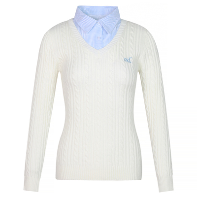 条纹衬衣领od字母毛衣