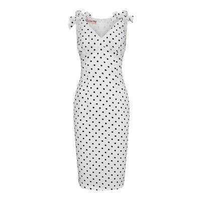 黑白波点修身V领仿真丝连衣裙