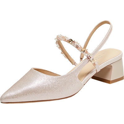 TATA他她星光法式气质包头凉鞋女鞋粗跟羊皮后空凉鞋新款7GY03BH5