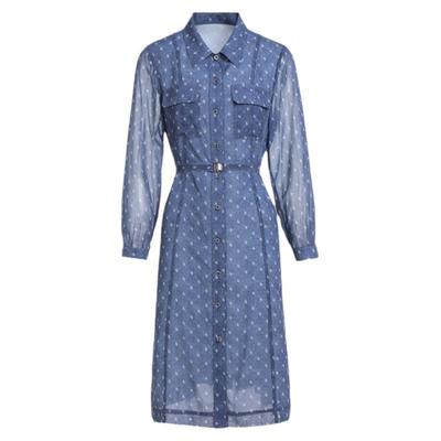 乔万尼秋新款蓝色印花修身优雅气质长袖雪纺连衣裙高级感EF3E885