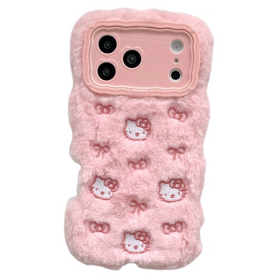 MoreRex秋冬毛绒刺绣粉色蝴蝶结KT猫适用苹果17手机壳iphone16promax新款15pro带挂绳14防摔保护套13可爱17女