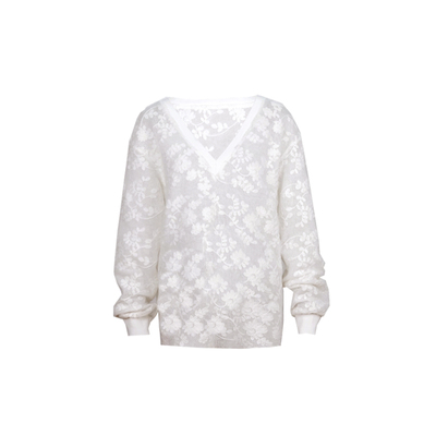 天鹅颈后构想镂空提花v领上衣秋