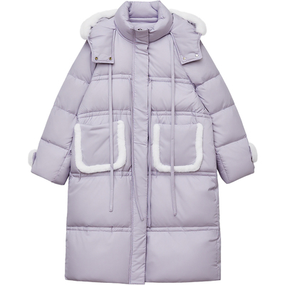 DM100大码百分百女装微胖mm冬季温柔紫色连帽加厚长款羽绒服外套