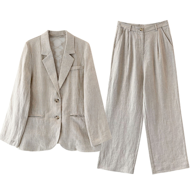 气质文艺范！松驰老钱风 后背蕾丝拼接亚麻西装+窄版阔腿休闲裤