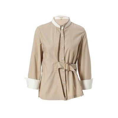 Famecoco折扣店设计感收腰衬衫女式文艺小翻领拼接衬衣F221BH006