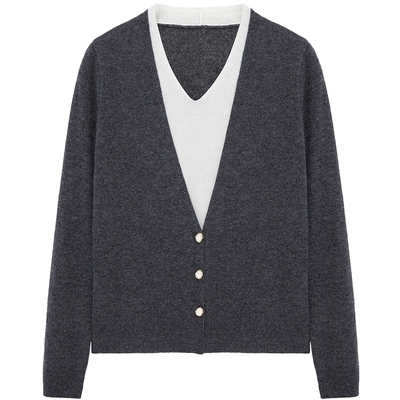 布景羊毛衫女冬季新品简约v领假两件设计全羊毛针织衫毛衣1566