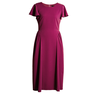 罗衣气质收腰玫红色大摆连衣裙